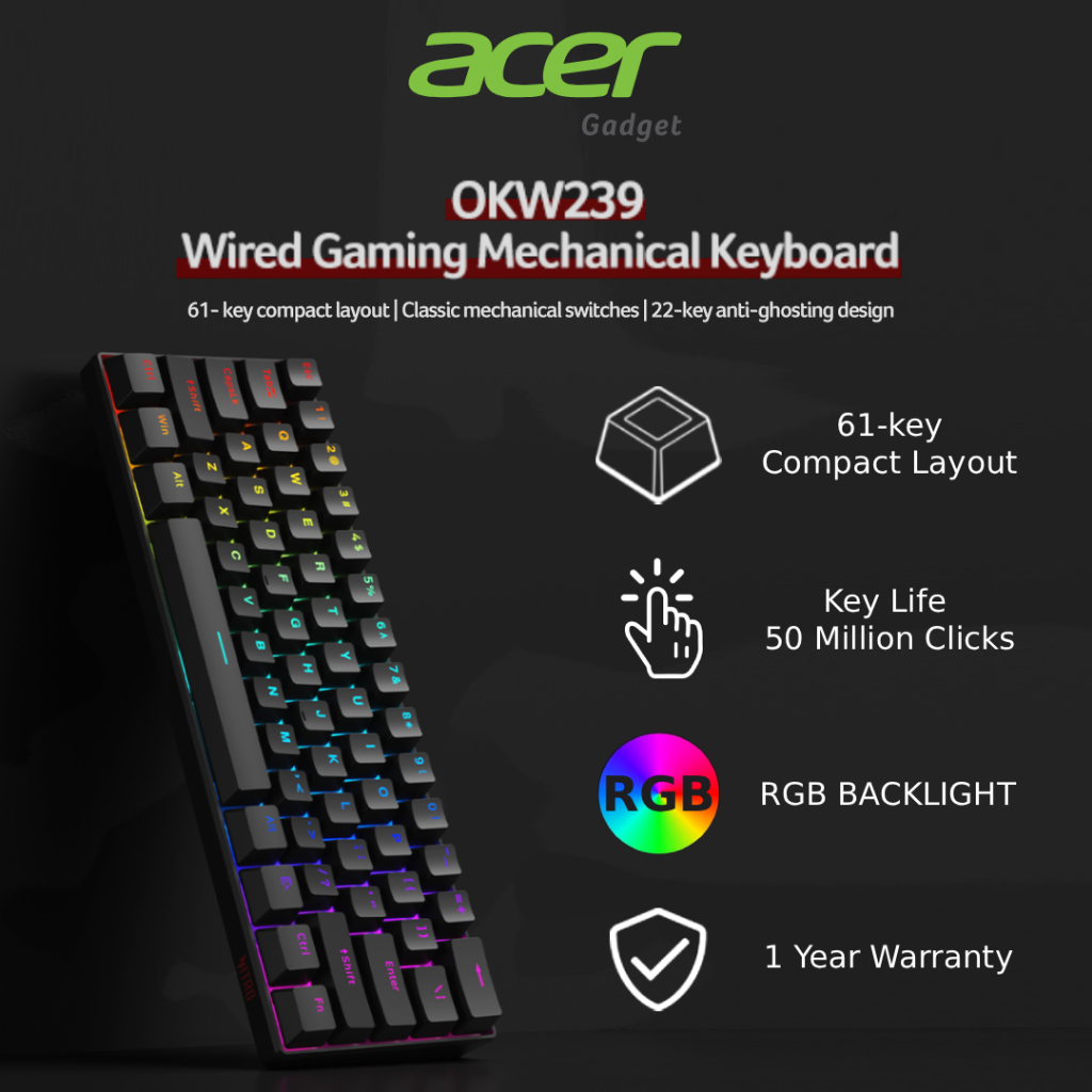 Acer NITRO OKW239 61Keys Wired Gaming Mechanical Keyboard USB Wired ...