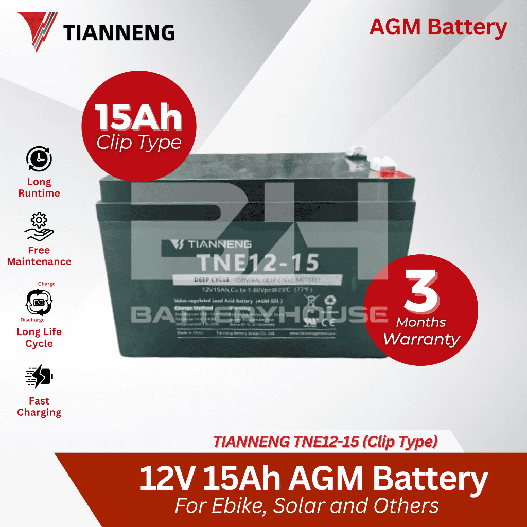 1PCS BATTERY ORIGINAL TIANNENG 12V 15AH CLIP TYPE - EBIKE BATTERY - 3 ...