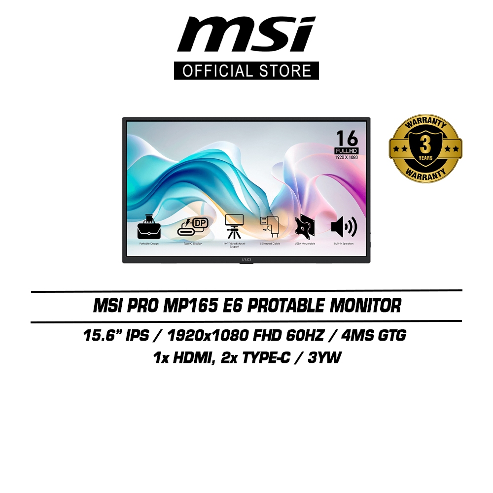 MSI PRO MP165 E6 Portable Monitor (15.6 Inch | FHD | IPS | 60Hz | 3Y ...