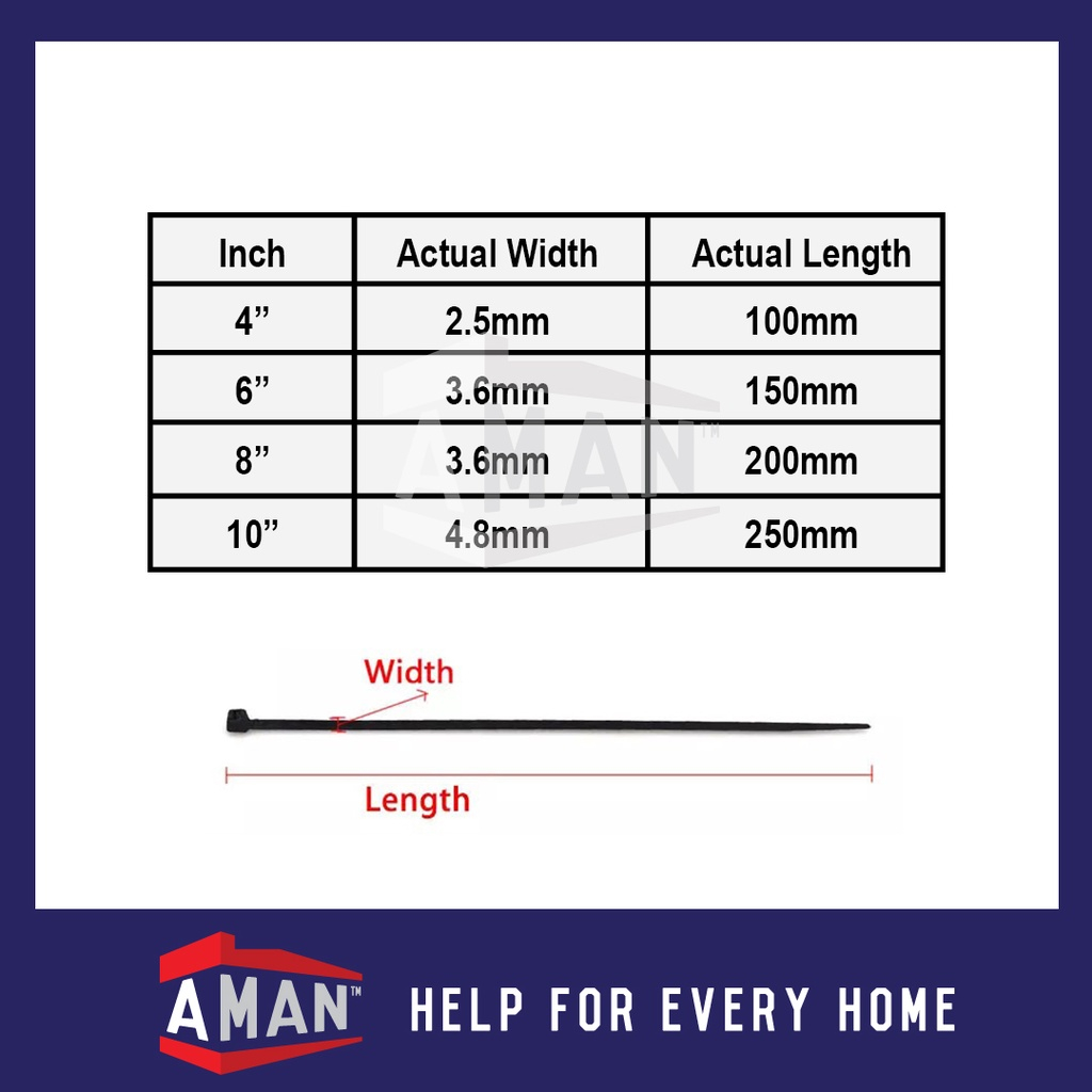 AMAN Cable Ties Nylon Wire 20pcs 4"6"8"10" Pengikat Wayar Kabel Tie Locking Zip Black White ...