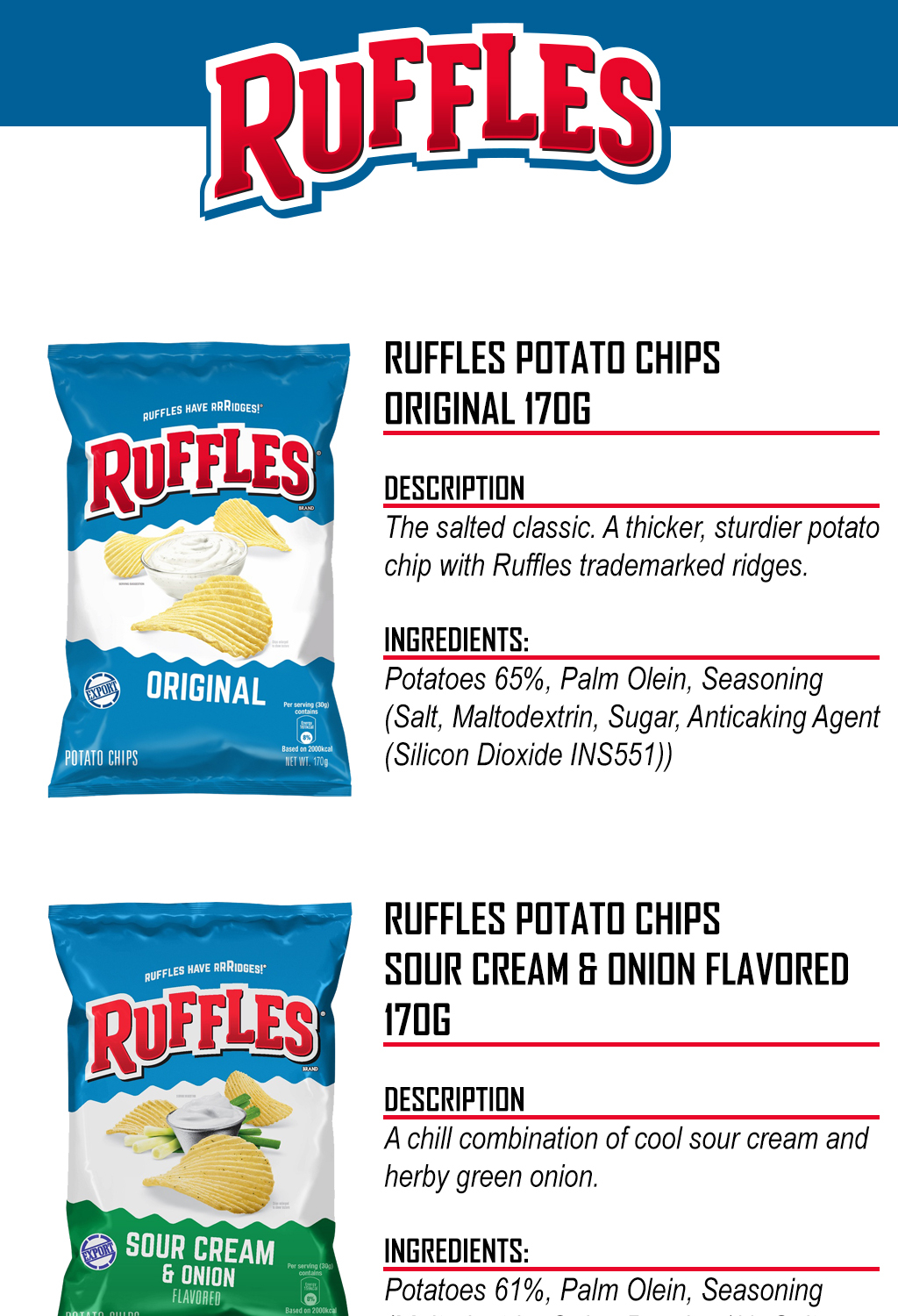Ruffles Potato Chips 170g 莱芙士薯片/洋芋片 酸奶油洋葱/起司奶酪 Sour Cream & Onion ...
