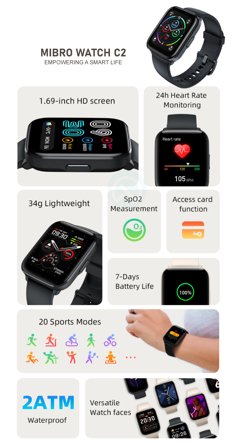 [ NEW ] MIBRO C2 SMART WATCH 1.69-inch HD Screen 24H Heart Rate ...