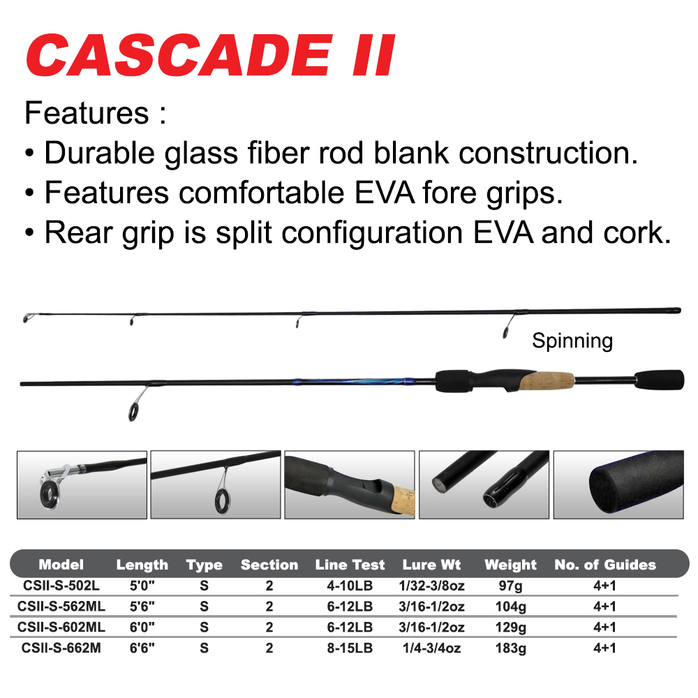 Okuma Cascade II Spinning Fishing Rod (5'0ft - 6'6ft) Freshwater Rod ...