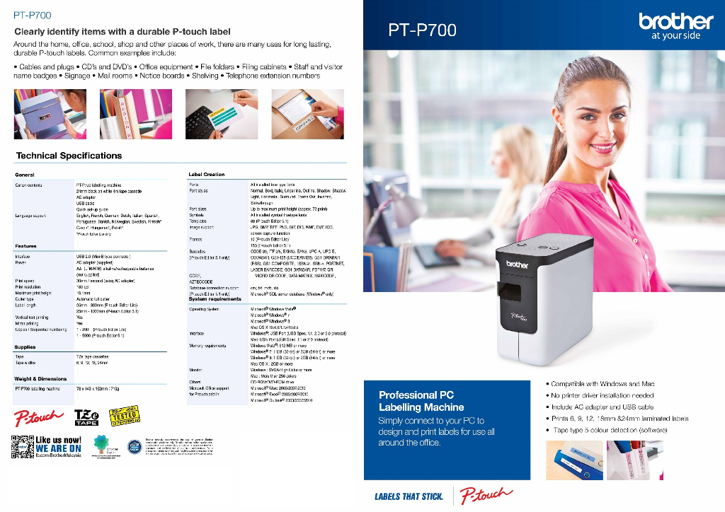 Brother PT-P700 P-Touch Labelling Machine Printer PC Connectable PTP700 ...