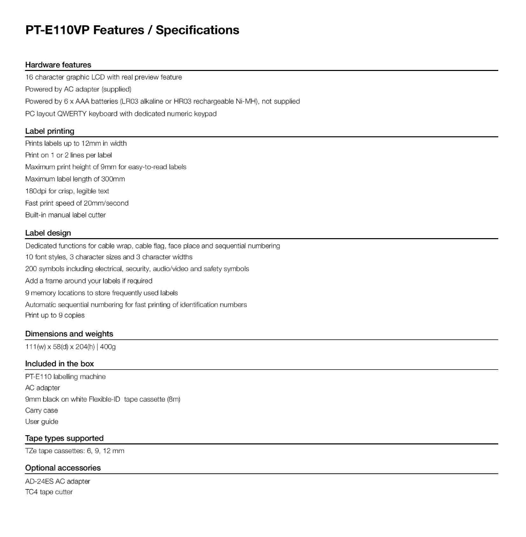 Brother PT-E110VP Labelling Machine P-Touch Label Maker PTE110 PTE110VP ...