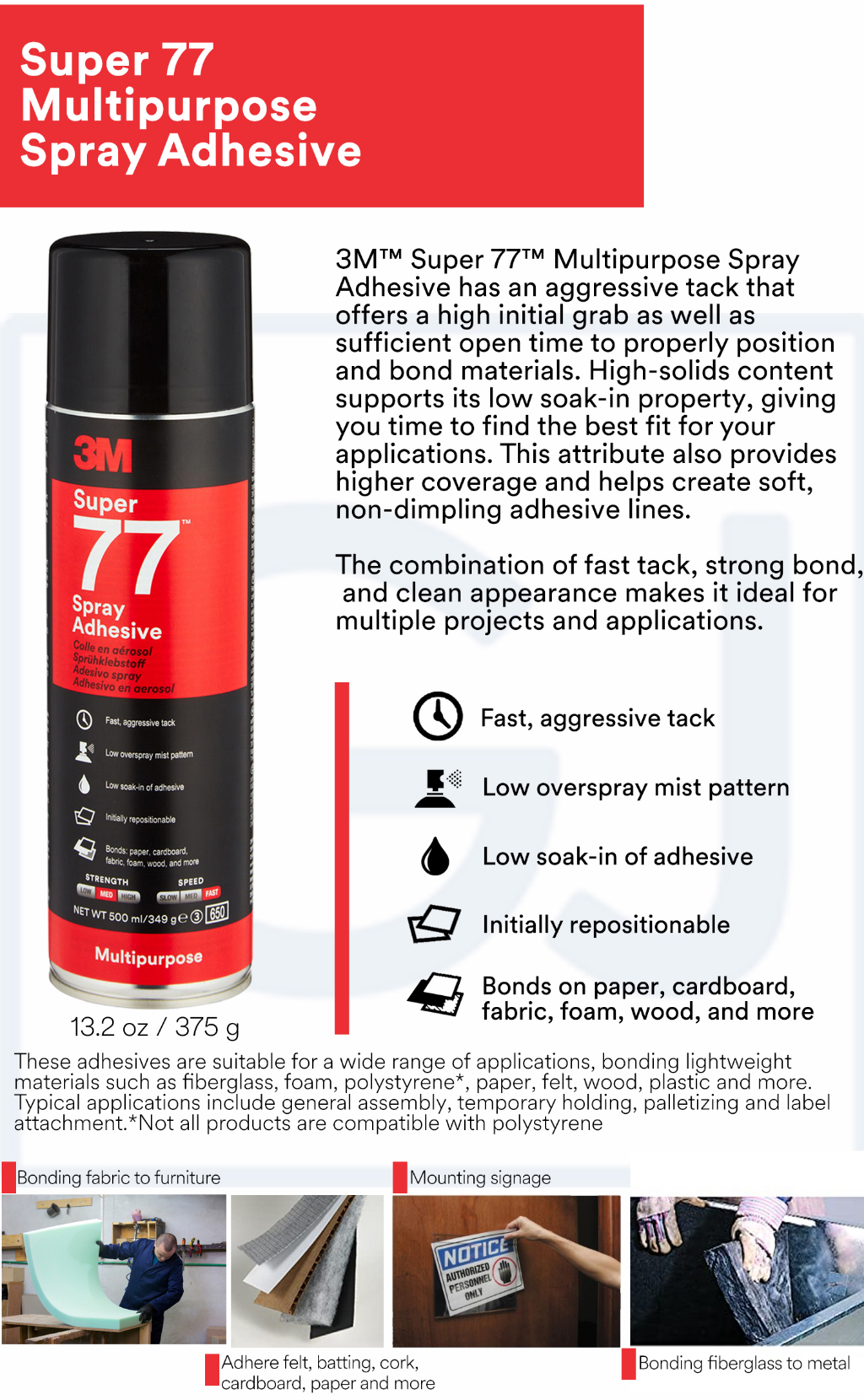 3M Super 77 Multipurpose Adhesive Spray 375g Hi-Strength 90 Heavy Duty ...