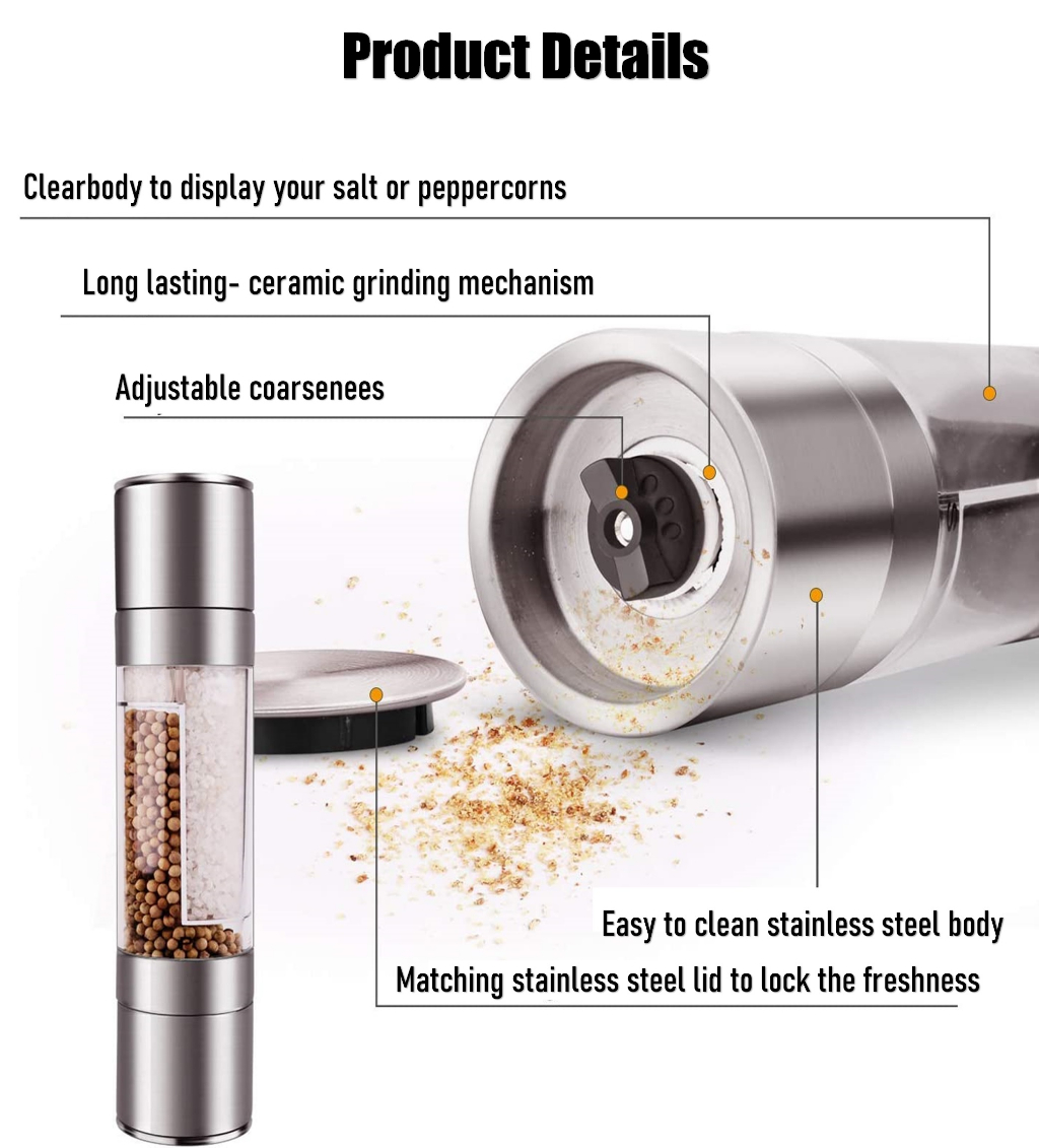 2 in 1 Stainless Steel Salt Pepper Mill Herb Spice Grinder With ...