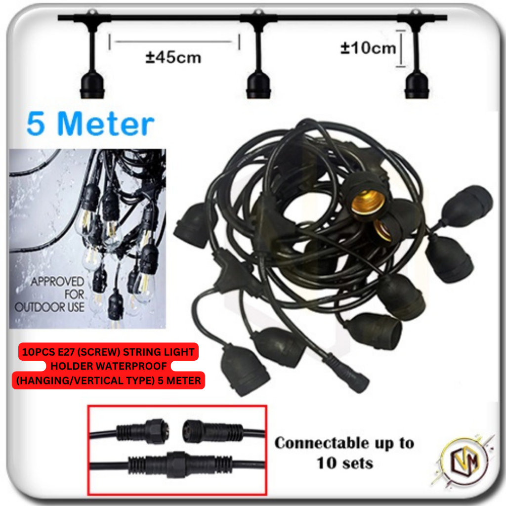 10MTR X 10 E27 Lamp Holder Waterproof Outdoor LED Light Garden ...