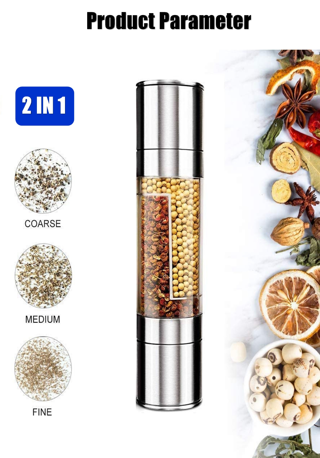 2 in 1 Stainless Steel Salt Pepper Mill Herb Spice Grinder With ...