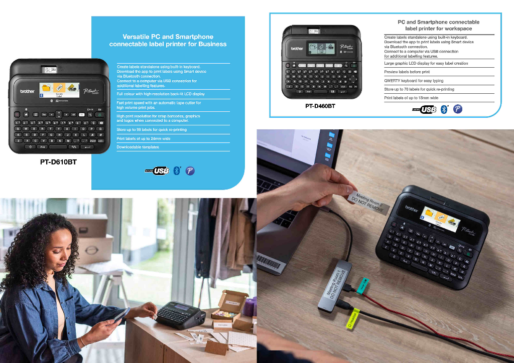 Brother PT-D460BT Handheld P-Touch Labelling Machine Bluetooth USB PC ...