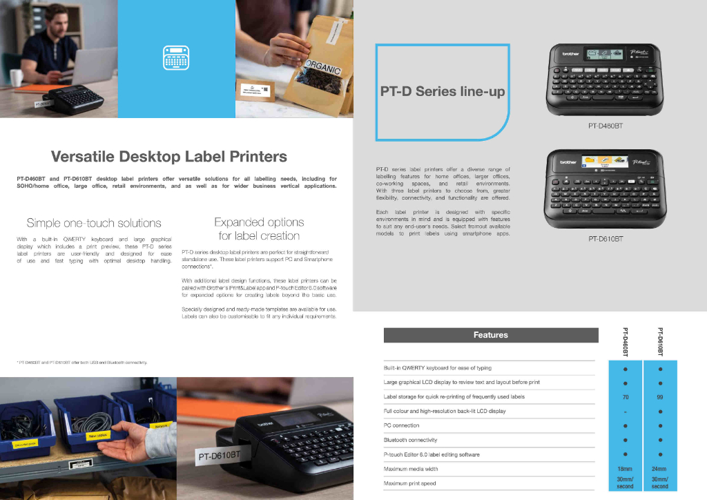 Brother PT-D460BT Handheld P-Touch Labelling Machine Bluetooth USB PC ...