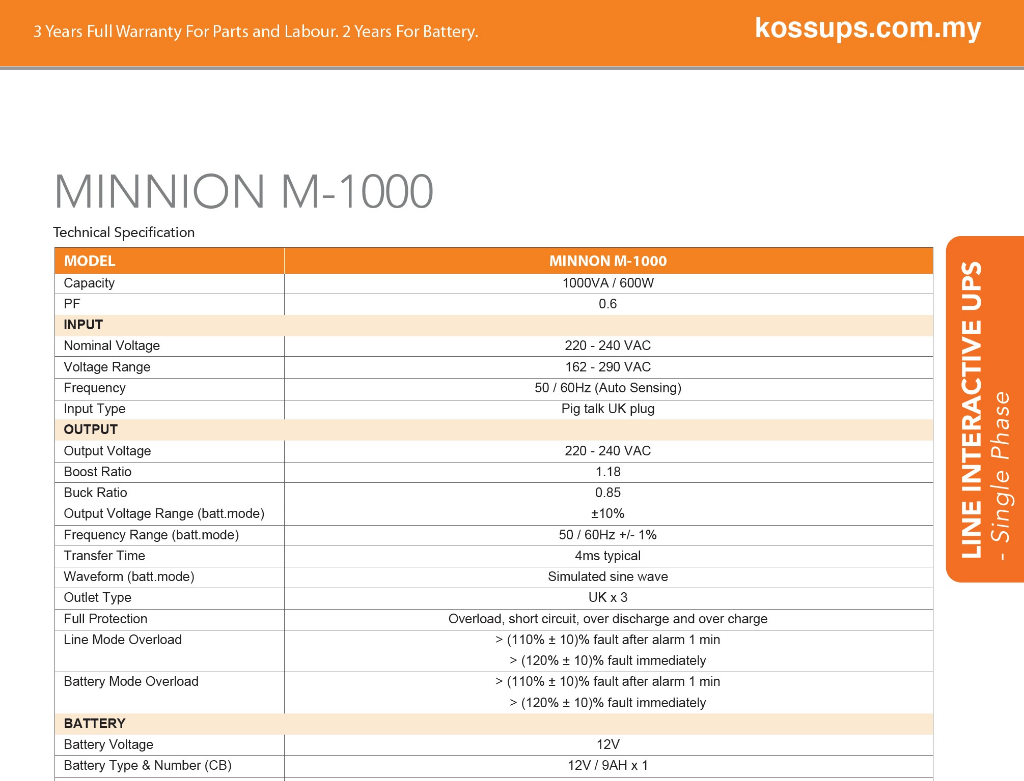 Koss MINNION M-1000 1000VA M1000 UPS Backup Battery Uninterruptible ...