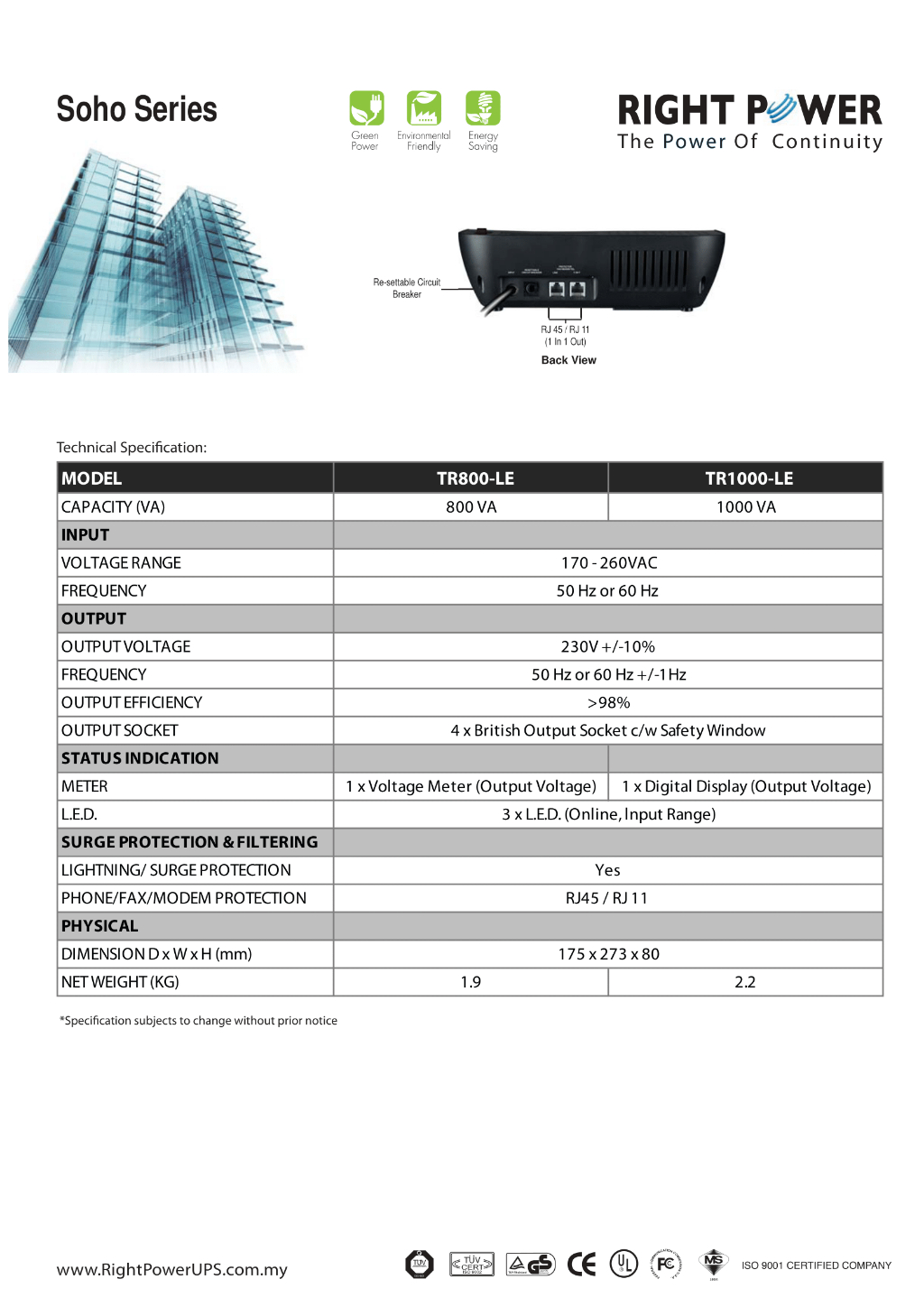 RIGHT POWER AVR 800VA (TR800-LE) Automatic Voltage Regulator with 4 ...