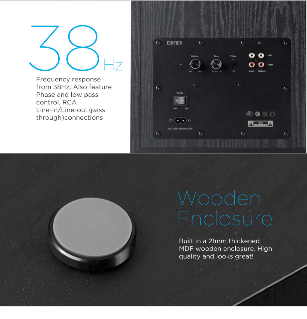 Edifier T5 Powered Subwoofer with RCA Input Output Strong Bass Wooden ...