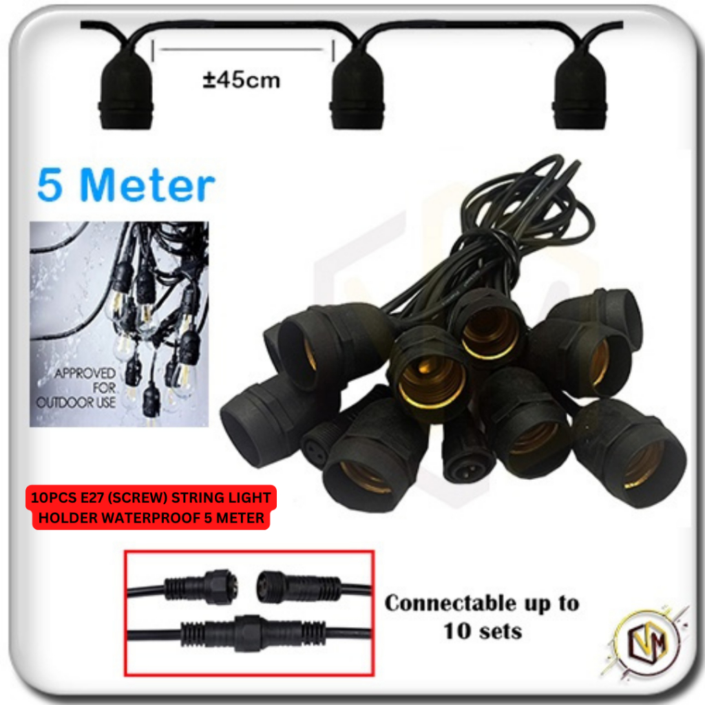 10MTR X 10 E27 Lamp Holder Waterproof Outdoor LED Light Garden ...