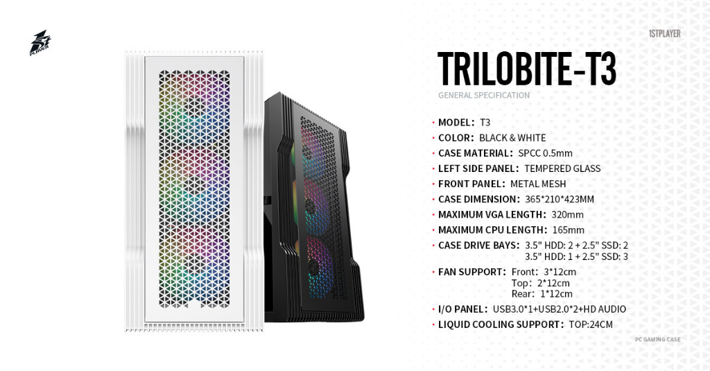 1st Player Trilobite T3 White | Micro ATX Front Metal Mesh M-ATX PC ...