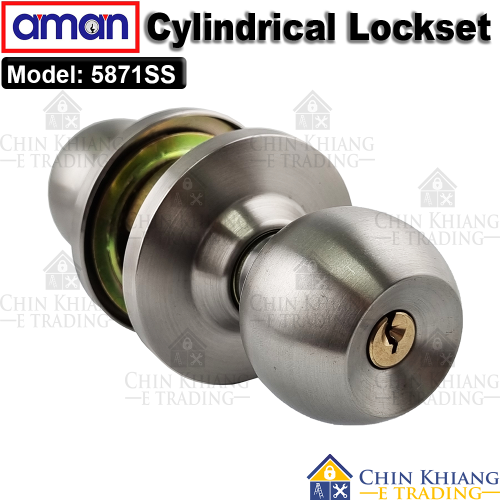 Aman 5871SS Cylindrical Entrance Doorknob Lock Satin Stainless Steel ...