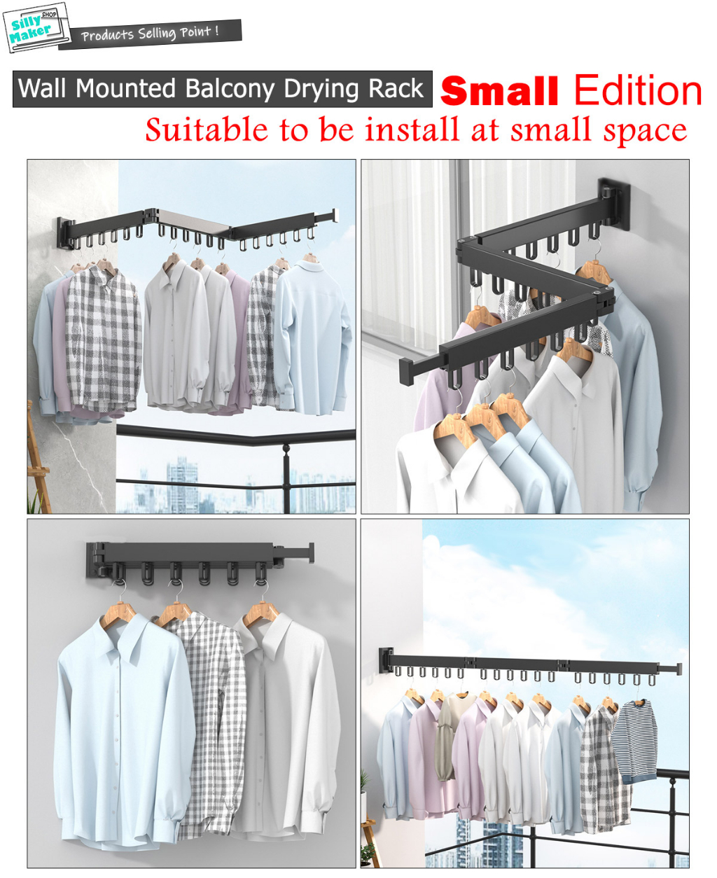 (Small) (O Hook) Balcony Wall Mounted Retractable Foldable Clothes ...