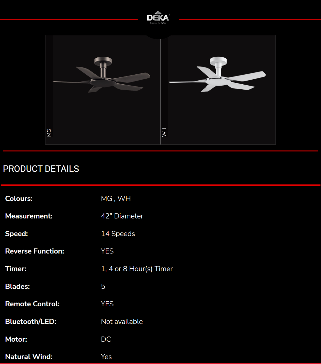 Deka Ceiling Fan (42" & 56" Inch) DC Motor 14-Speed Remote Control ...