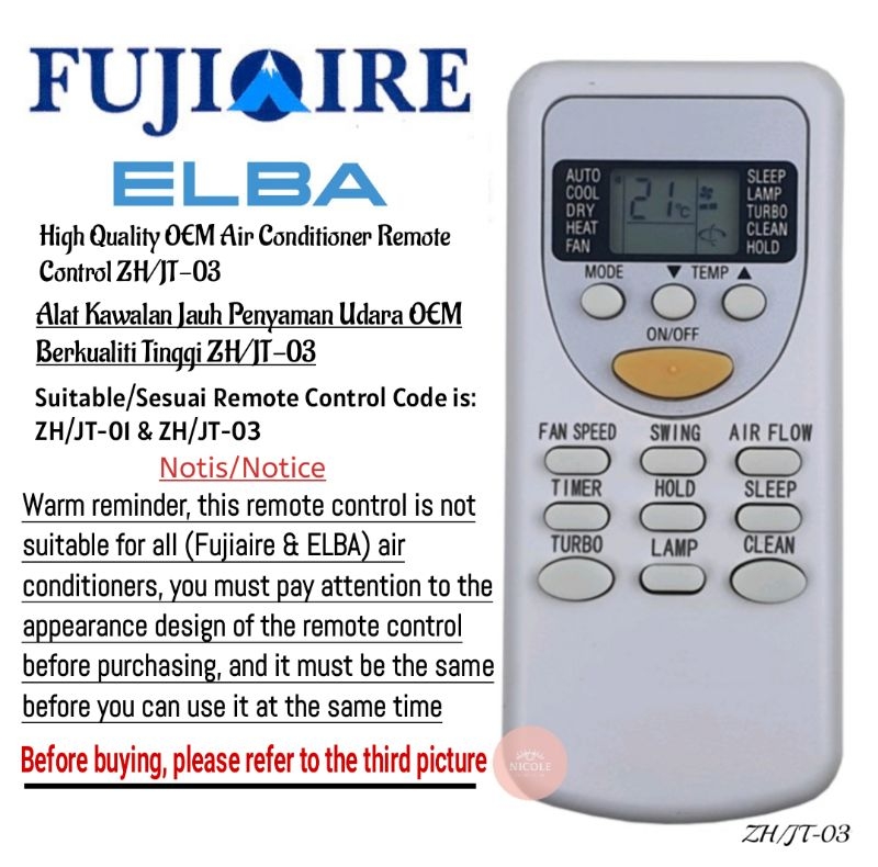 Fujiaire Elba ZH/JT-03 Air Conditioner Remote Control ( Original or ...