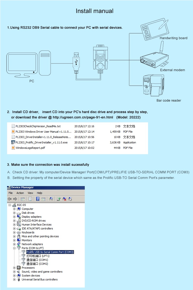 UGREEN USB 2.0 to RS232 DB9 Serial Cable Male A Converter Adapter ...