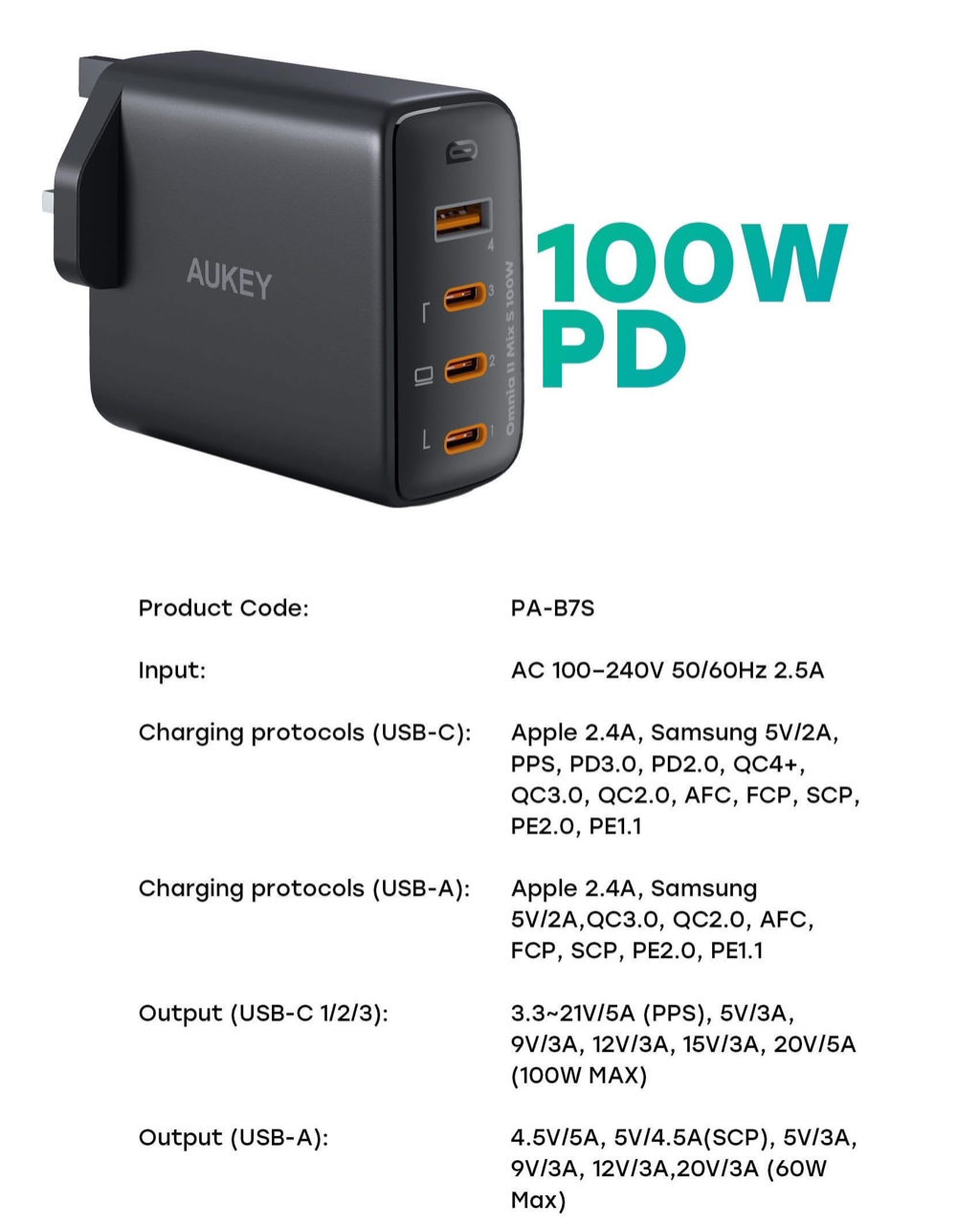 Aukey PA-B7O Omnia II Mix 140W PD 3.1 3 Port GaN Travel Charger with ...