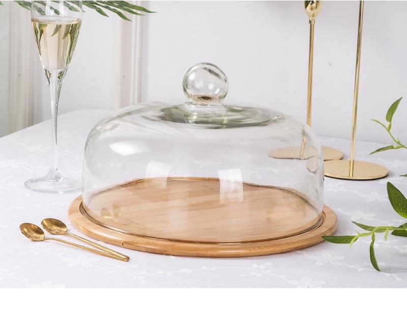 MELL Wooden Cake Desert Tray Plate with Glass Cover Bamboo Cakes ...