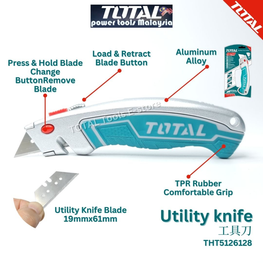 TOTAL Utility Knife + 6 Pcs Knife Blade [19mmx61mm] 工具刀 175mm ...