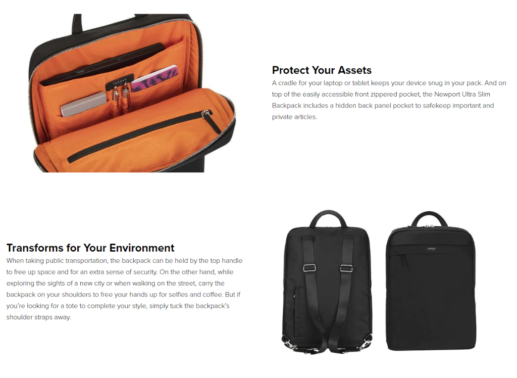 TARGUS 15 INCH NEWPORT ULTRA SLIM BACKPACK - BLACK / TAN (TBB598 / TBB59806)/ laptop bag/ laptop ...