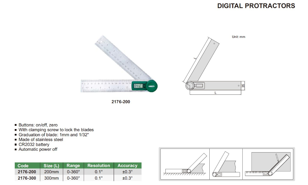 Insize Digital Protractor Angle Finder Ruler 0°-360° 2176 - 200 / 300 ...