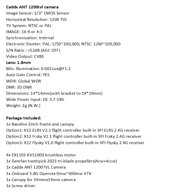 Happymodel Bassline 2S 90mm X12 V2.0 5-IN-1 AIO w/Caddx Ant 1200TVL ...