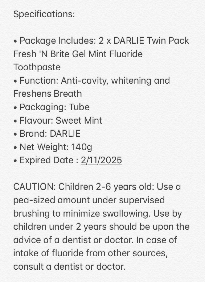 DARLIE Twin Pack Fresh 'N Brite Sweet Mint Fluoride Toothpaste (2 x ...