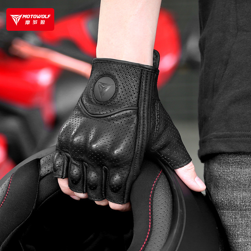 MOTOWOLF RIDING GENUINE LEATHER & AIR MESH HALF FINGER HALF GLOVE ...