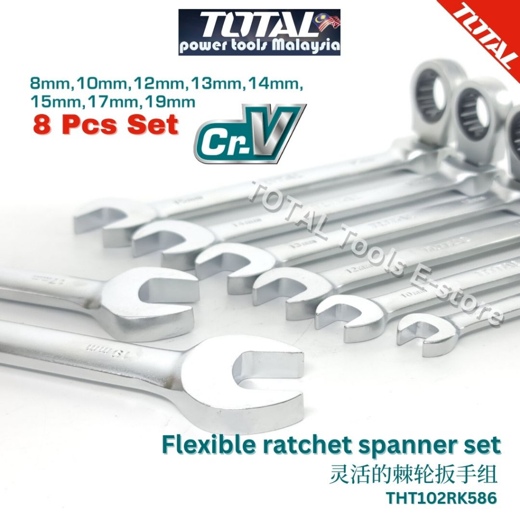 TOTAL 8 Pcs CrV Flexible Ratchet Spanner Set [ 8mm,10mm,12mm,13mm,14mm,15mm,17mm,19mm ] 灵活的棘轮扳手组 ...