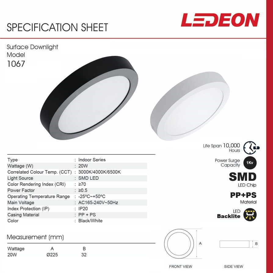 LEDEON 20w Surface Mounted LED Panel Light 6500K Daylight / Surface ...
