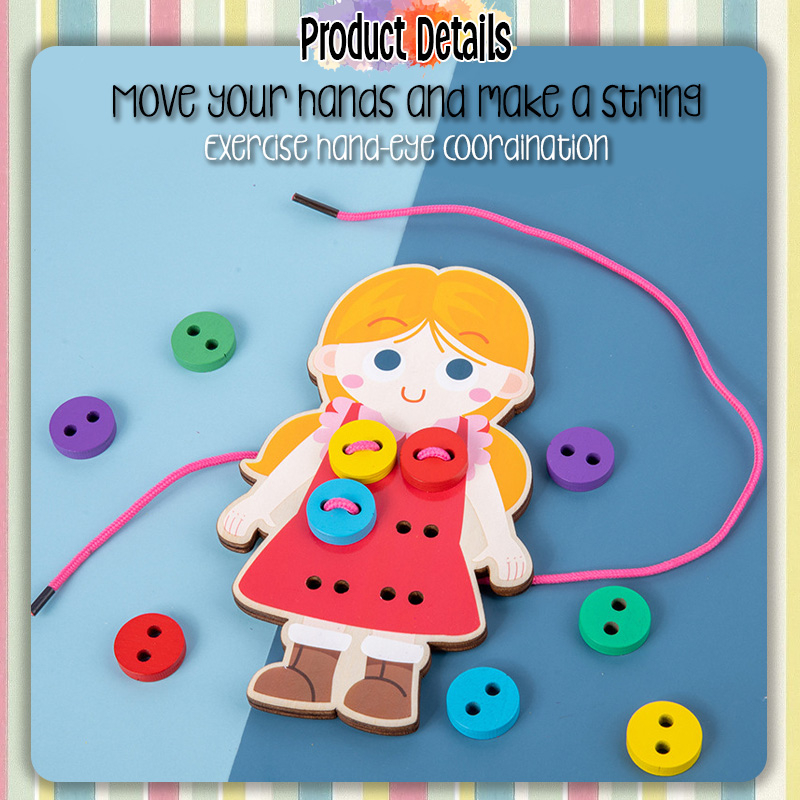 [Happy Kids] Wooden Sew-on Buttons Lacing Board String Clasp Threading ...