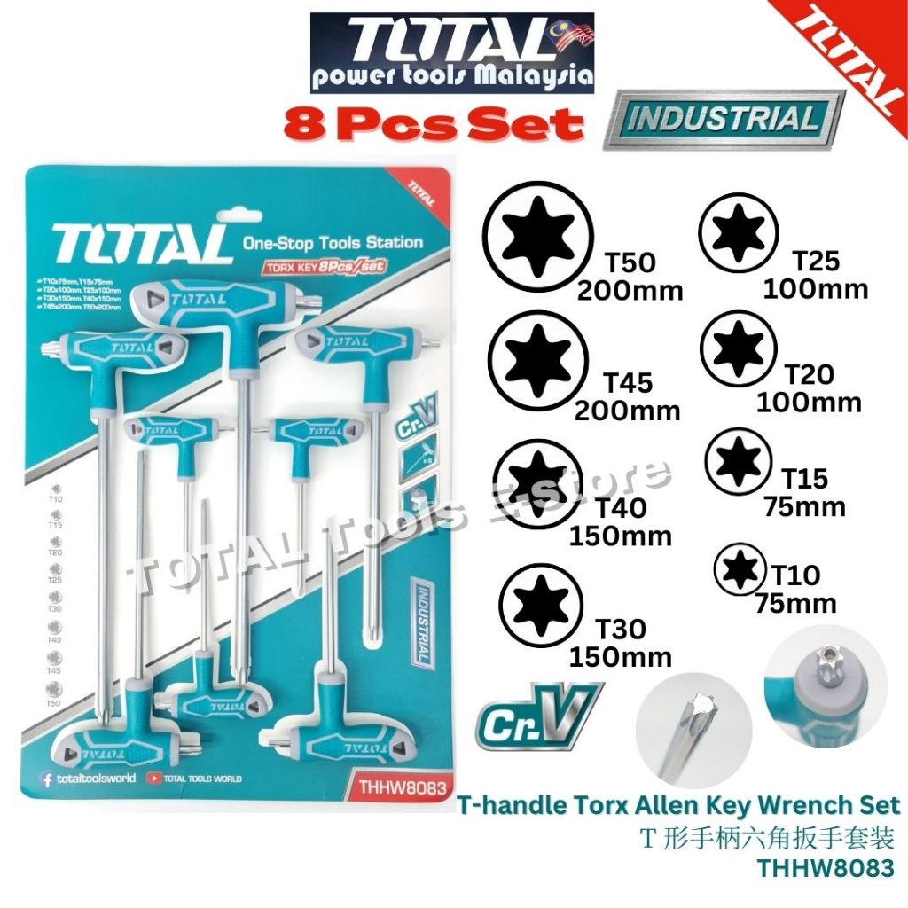 TOTAL 8 Pcs T-handle Torx Allen Key Wrench Set T 形手柄六角扳手套装 - THHW8083 ...
