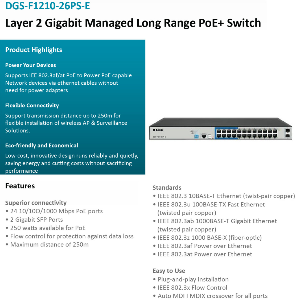 D-Link DGS-F1210-26PS-E 250M 24 Port Gigabit Network Switch with 2 SFP ...