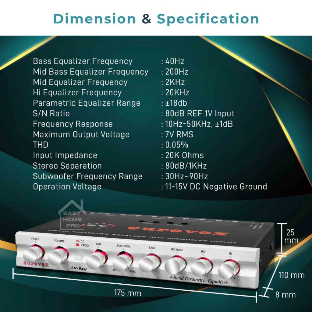 EUROVOX EV-948 4-Band Car Pre-Amp Car preamp 4band Parametric Preamp ...