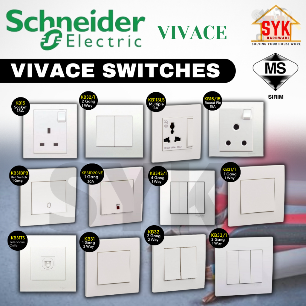 SYK Schneider Vivace 13A 15A 1Gang 2Gang 3Gang 4Gang 1Way 2Way Bell ...