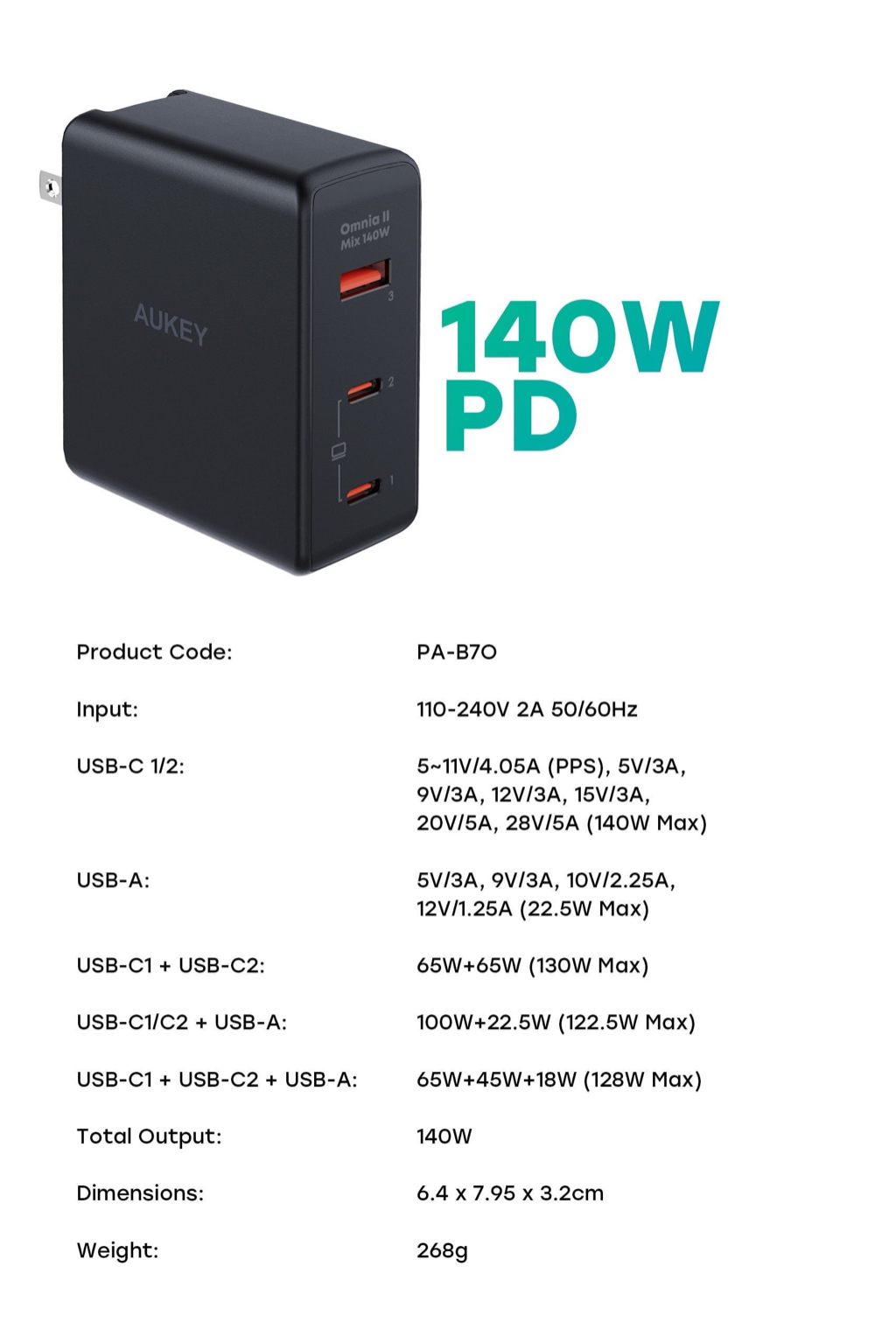 Aukey PA-B7O Omnia II Mix 140W PD 3.1 3 Port GaN Travel Charger with ...
