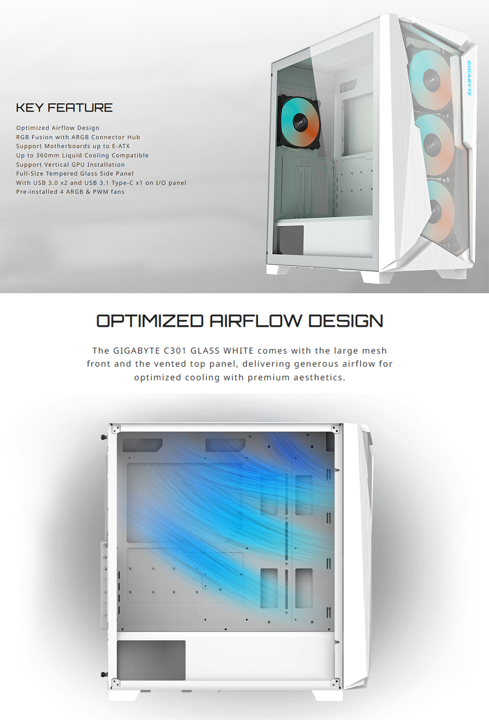 Gigabyte C301 Glass E-ATX Mid Tower PC Case RGB Desktop Casing Tempered ...