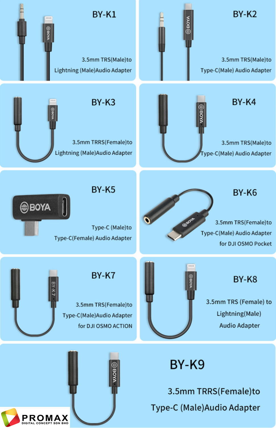BOYA BY-K1 BY-K2 BY-K3 BY-K4 BY-K5 BY-K6 BY-K8 BY-K9 BY-CIP2 TRS audio ...