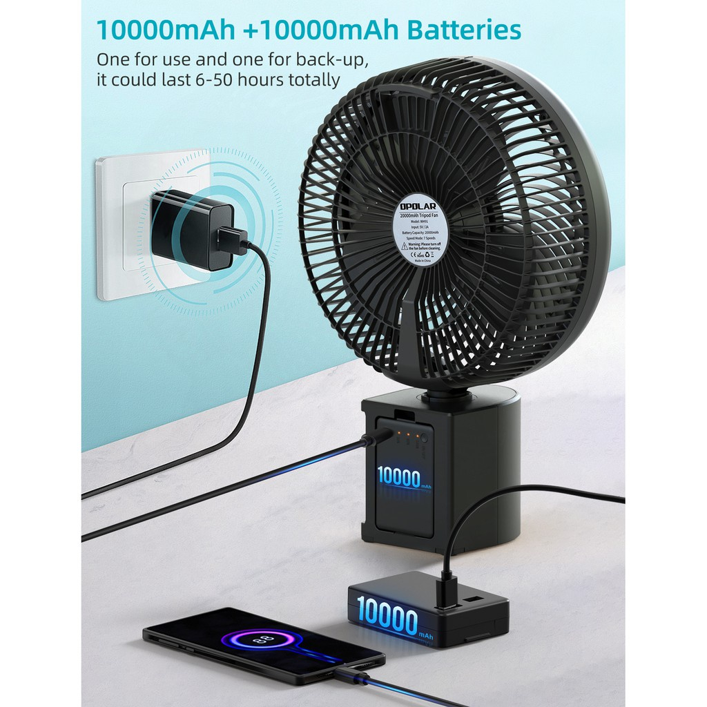 OPOLAR 20000mAh 10 Inches Battery Rechargeable Fan w/Remote Cordless ...