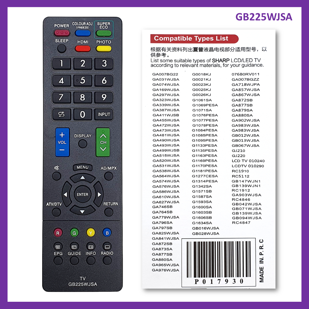Sharp Aquos LED TV Remote Control GB225WJSA SHARP Universal LED TV ...