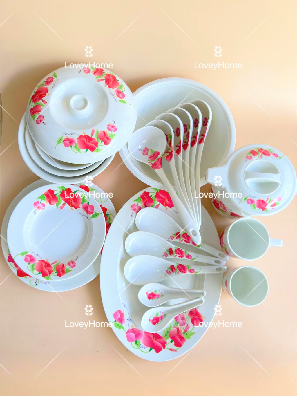 Melamine Bunga Raya Dinner Set Plate Bowl Spoon Cup Jug Pinggan Mangkuk ...