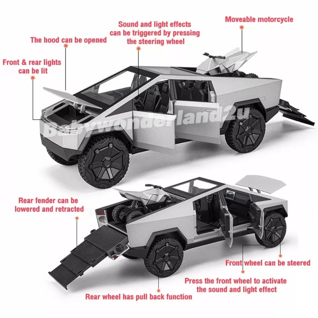 Die Cast Tesla Cybertruck Scale 1:24 Pull Back With Light And Sounds ...