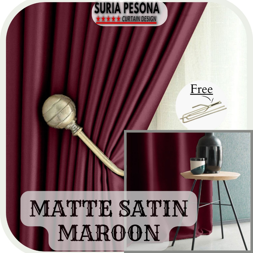Iris 3# MAROON(H= 170CM x 400CM) - Matte satin Langsir Semi-Blackout ...