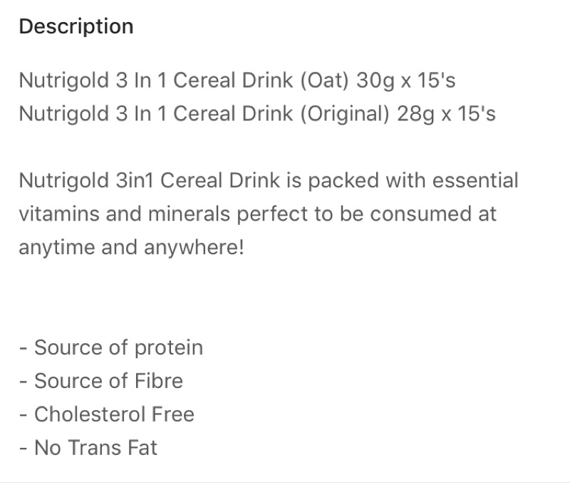 Nutrigold 3 in 1 Cereal Drink Oat - 28/30g x 15 Sticks | Shopee Malaysia
