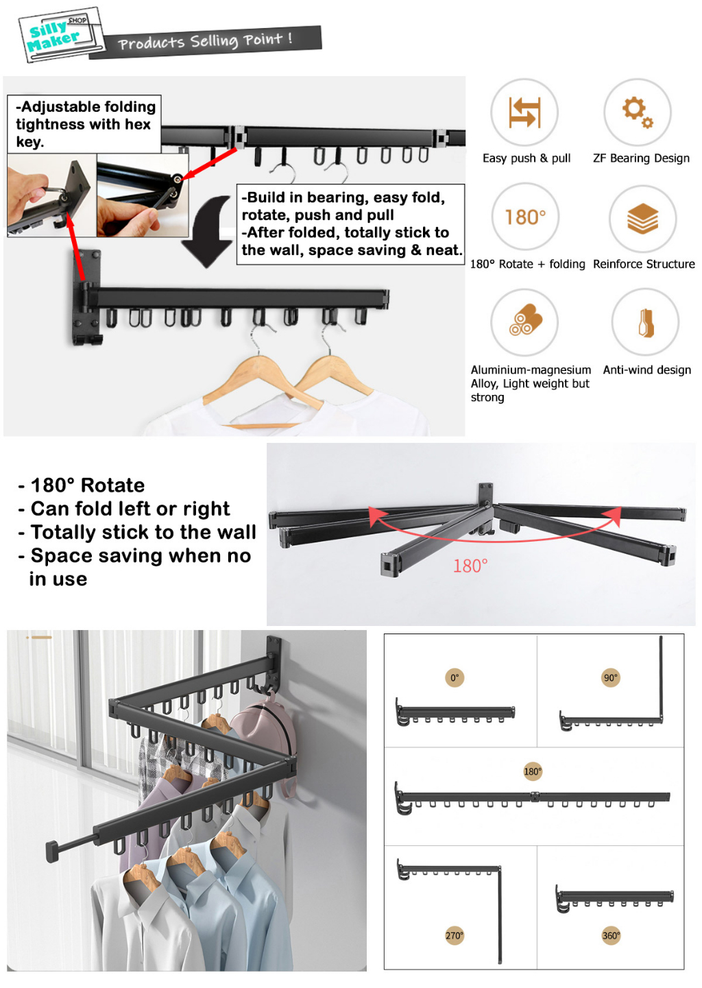 (Standard) Wall Mounted Retractable Foldable Clothes Drying Rack Hanger ...